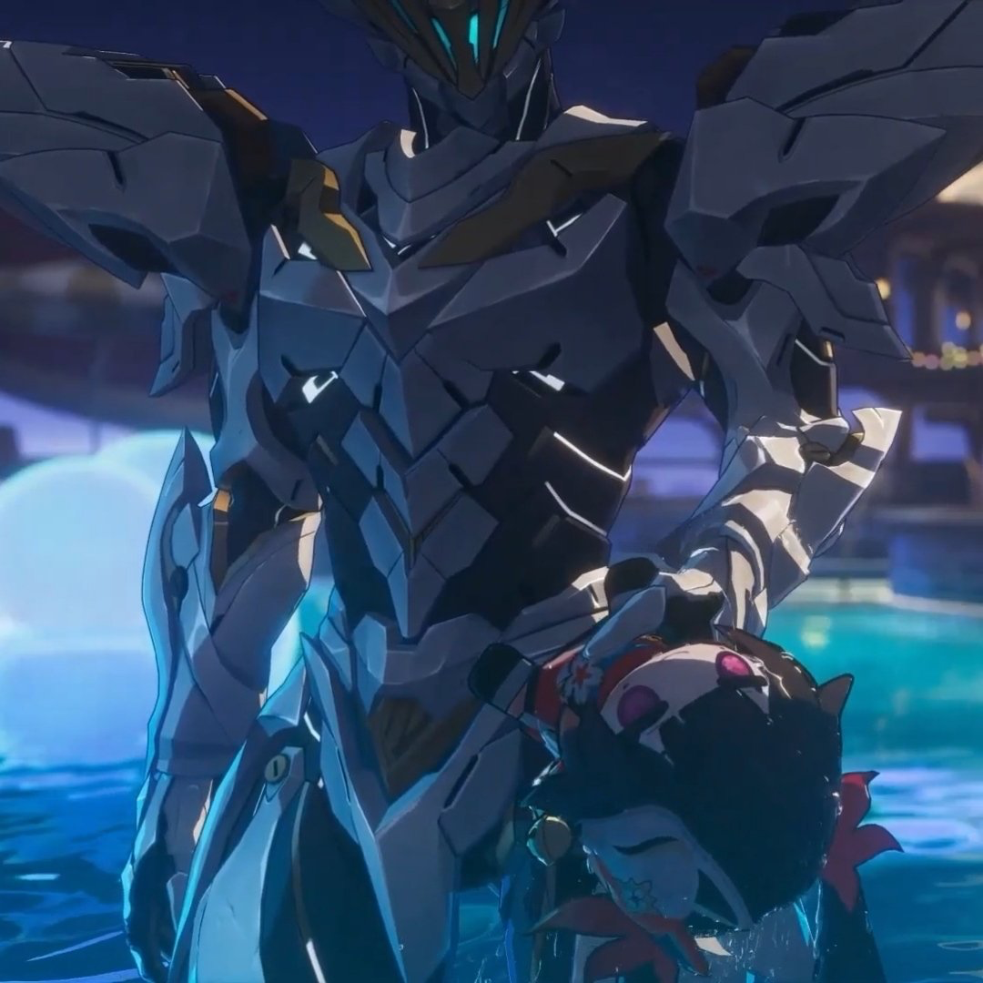 random scary robot holding a plushie of a masked fool Honkai: Star Rail ...