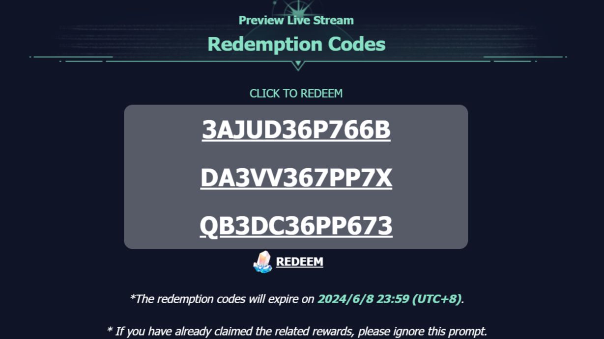 Redemption Codes (Preview Live Stream) (active from 2024, June 7) 100 ...