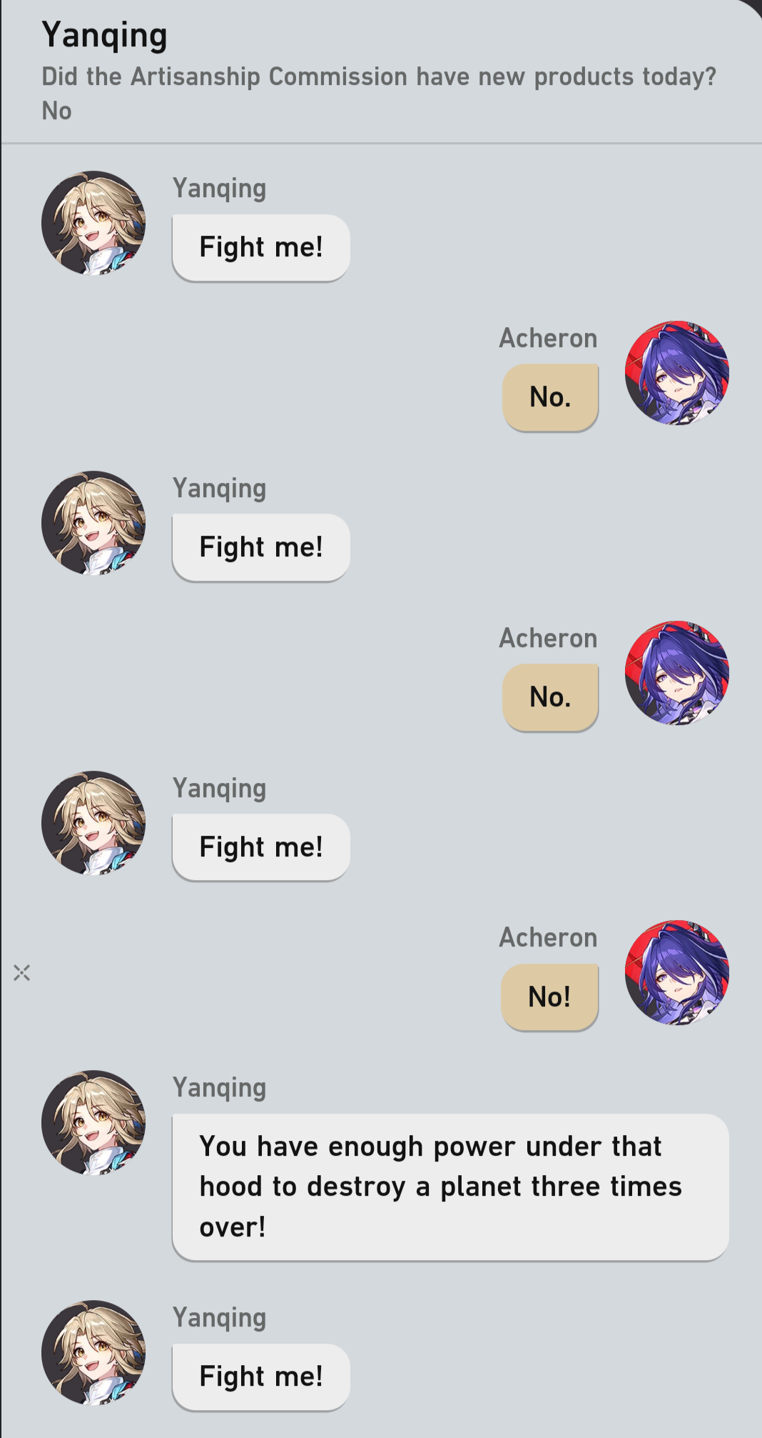 HSR Custom Chat: Yanqing tries to duel Acheron Honkai: Star Rail | HoYoLAB