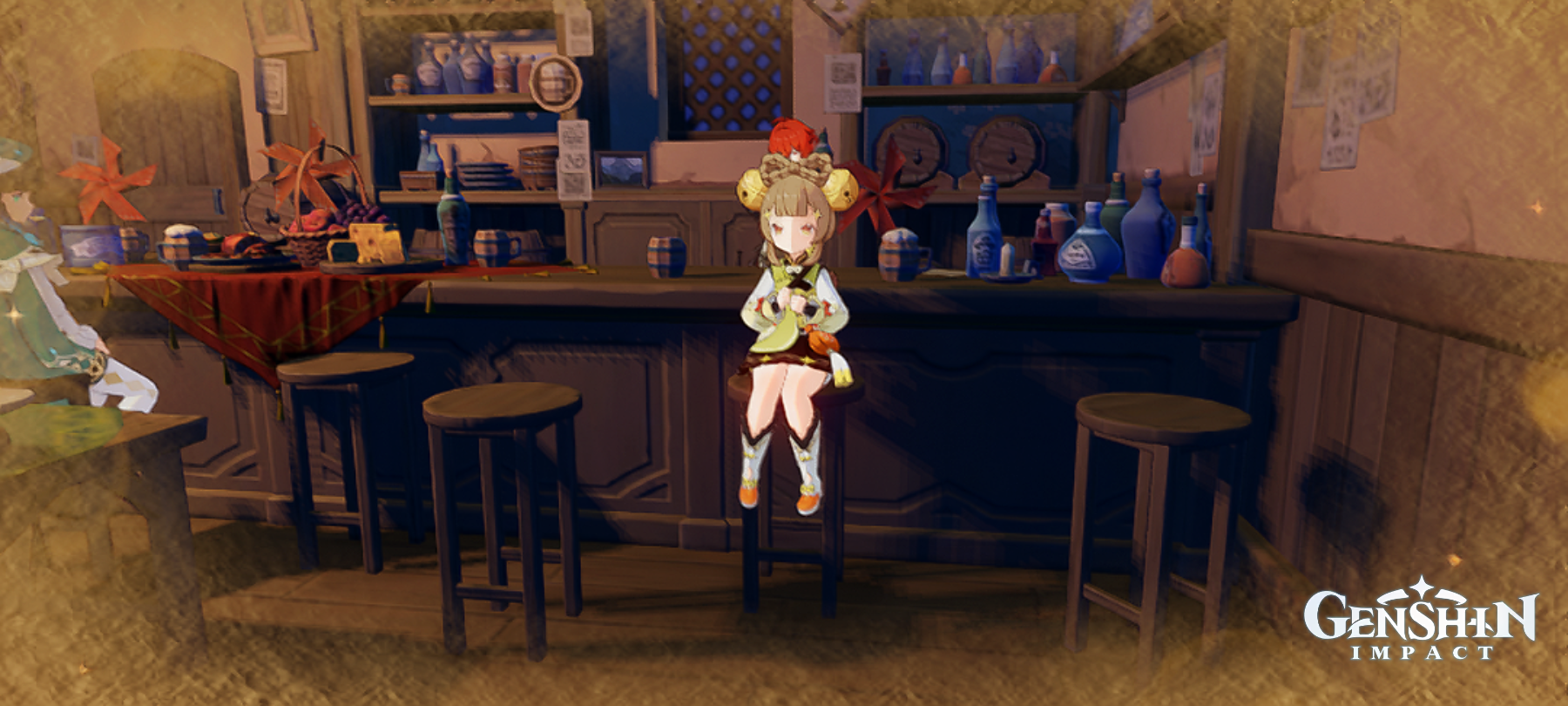 Yaoyao sentada no bar do Diluc Genshin Impact | HoYoLAB