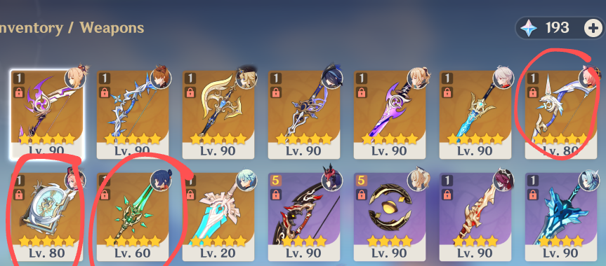 circled weapons = standard Genshin Impact | HoYoLAB