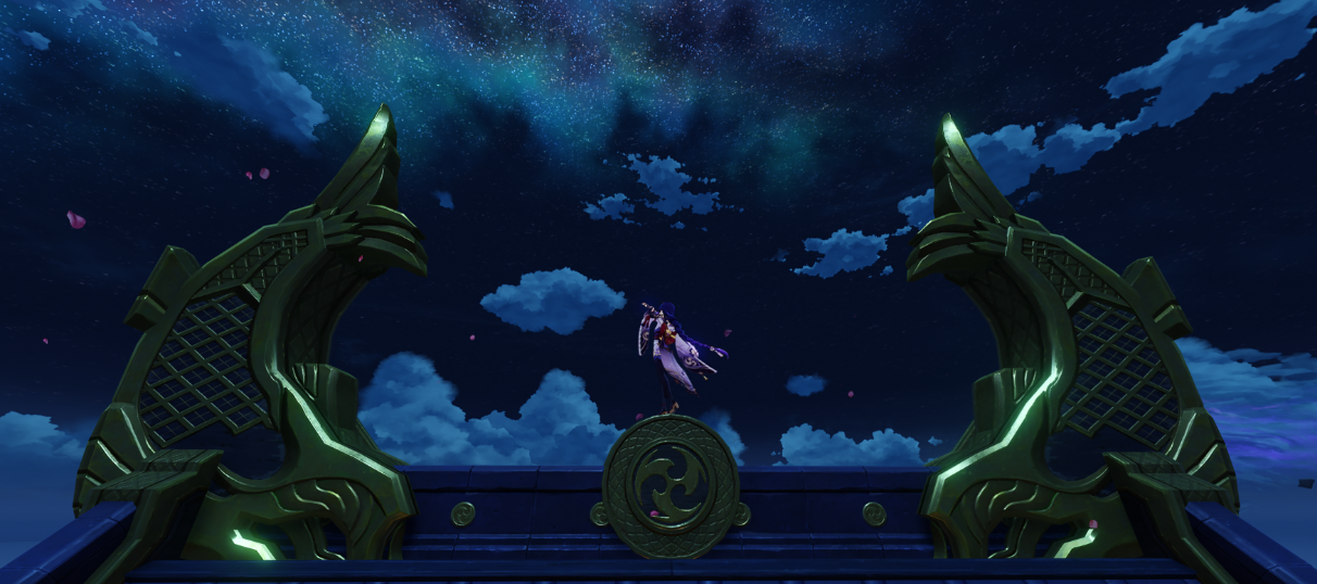 Raiden doing the new pose on top of Tenshukaku Genshin Impact | HoYoLAB