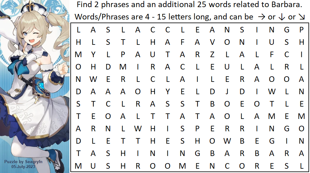 Word Games #119 ~ July 05 ~ BARBARA !! (Word LIst & Puzzle) Genshin ...