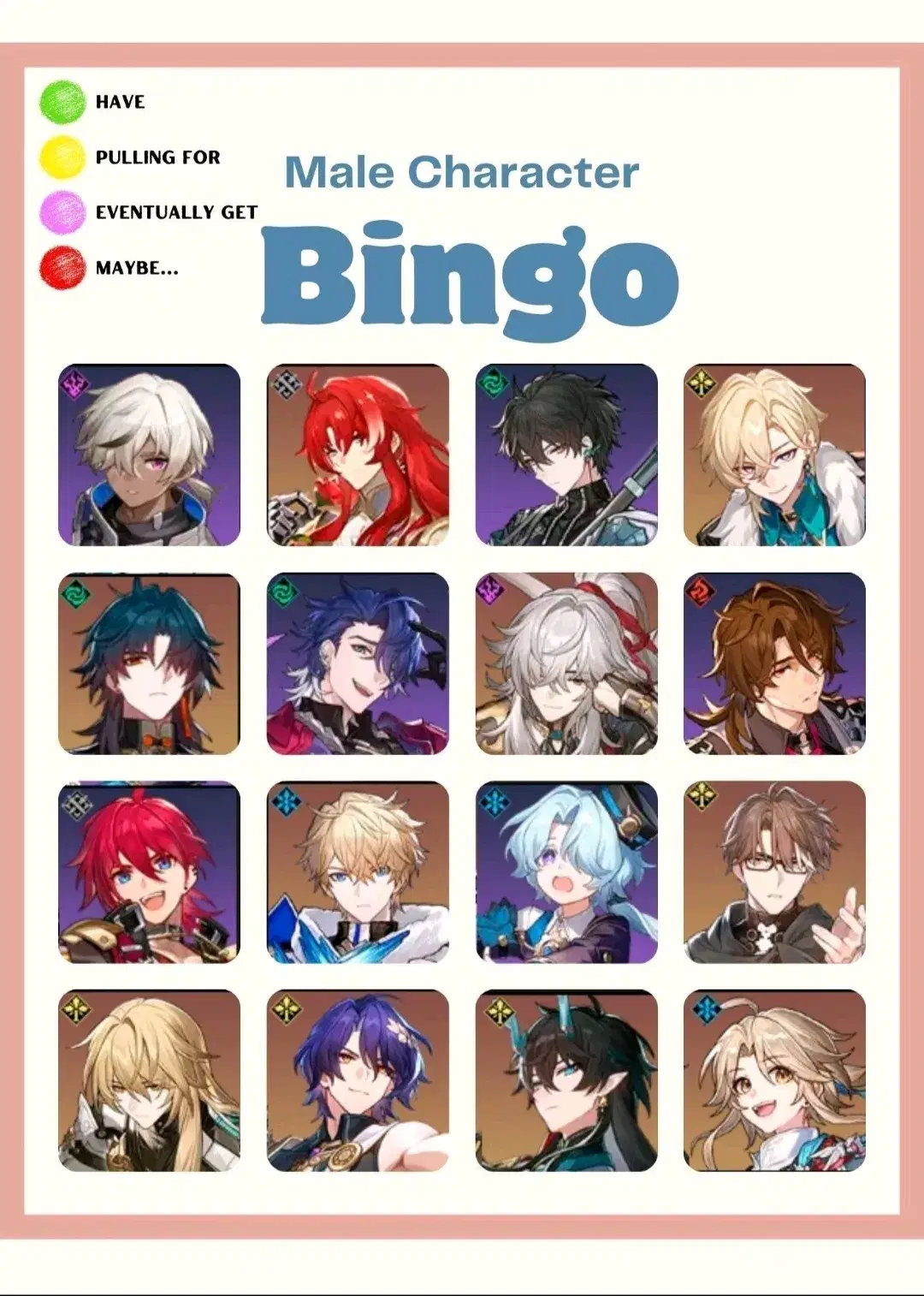 Male characters bingo (happy to see Yan qing being a "have" 😭☝️) Honkai ...