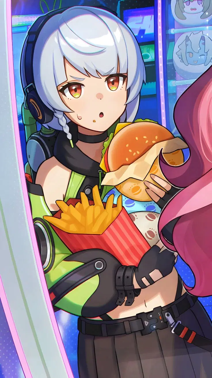 Anby with fried and... three big juicy burgers...!? (>w