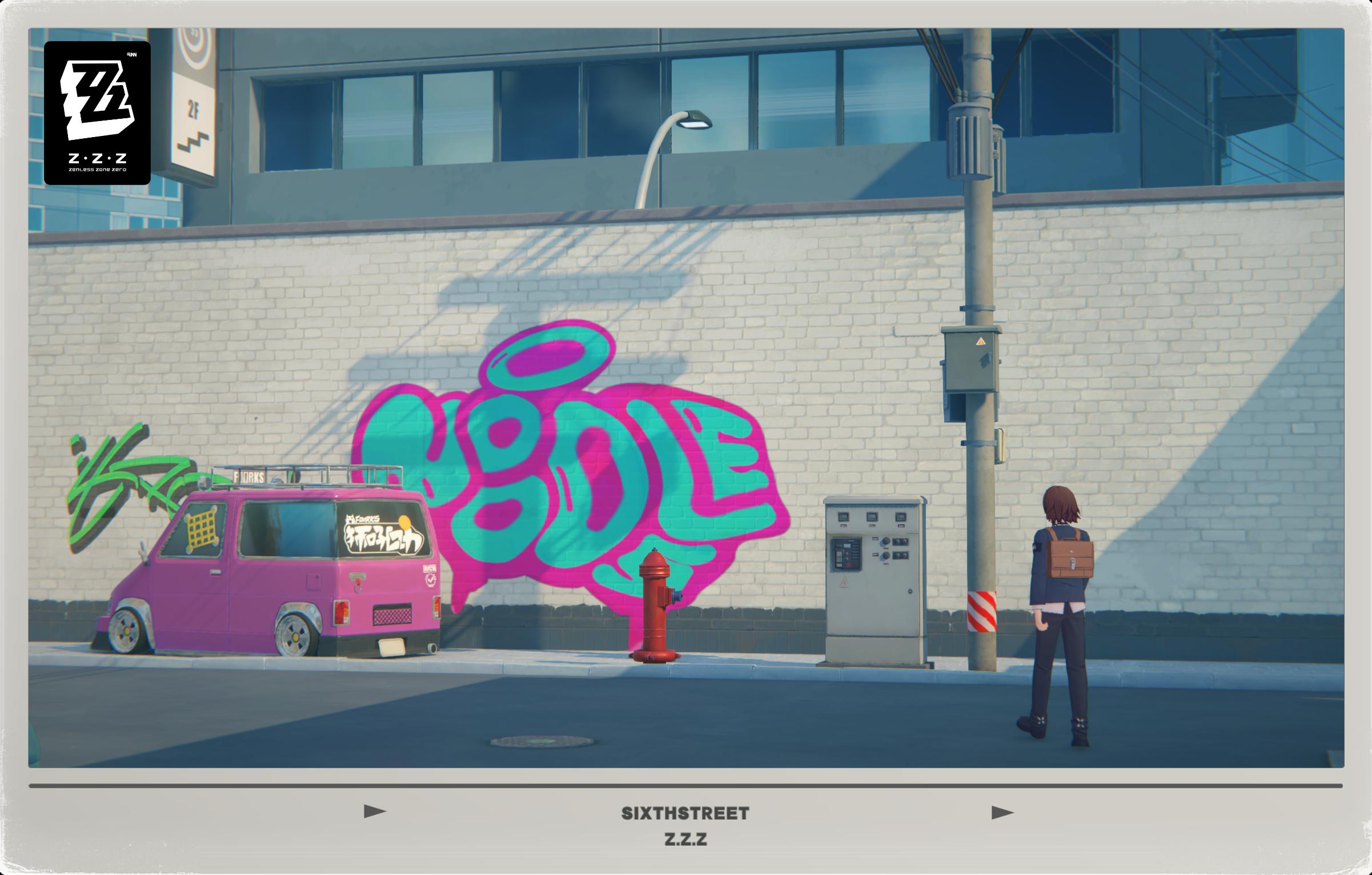 Dope graffiti next to two sick cars, where's the second one? Zenless ...