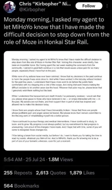 MOZE VA STEPPING DOWN FROM BEING VOICE ACTOR FOR MOZE Honkai: Star Rail ...