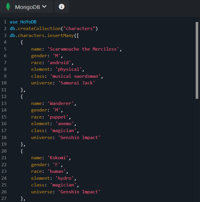 MongoDB but most of the documents are Hoyoverse-related characters ...