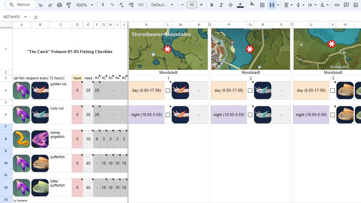 "The Catch" and Fleuve Fishing Checklist (Spreadsheet Link) Genshin ...