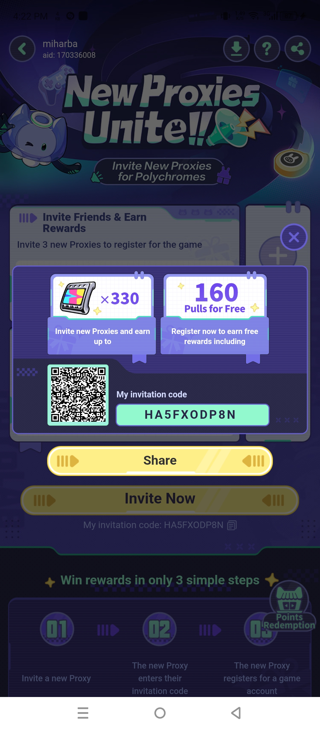 For new proxies in the game use my invitation code and enjoy playing ...