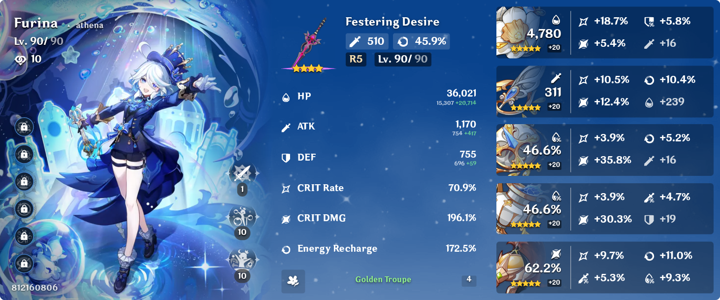 My Furina build 🥳 just needs a more balanced flower to reach 200 CD ...