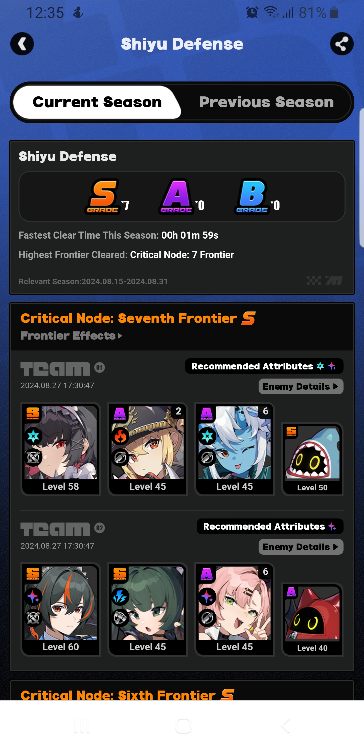 Shiyu Defense 7 completed with S tier (f2p) Zenless Zone Zero | HoYoLAB