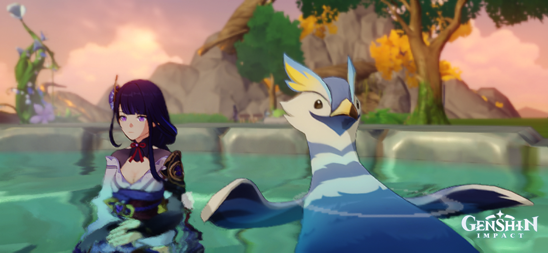 Raiden is enjoying a hot spring with some cute Flowcurrent birds from ...