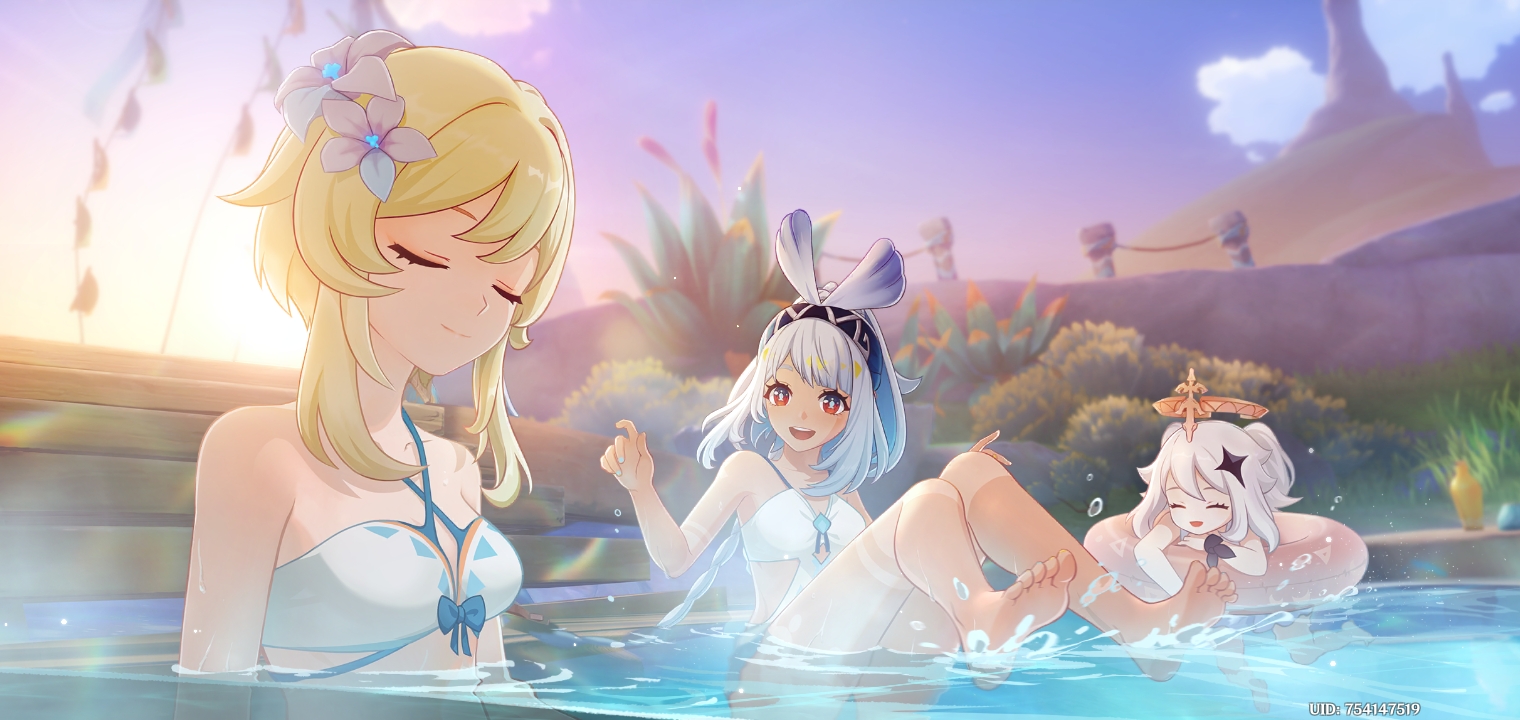 Lumine and Paimon hotspring oulfit Genshin Impact | HoYoLAB