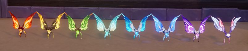 All 7 crystalflies in a rainbow colored order plus a Coral Butterfly ...