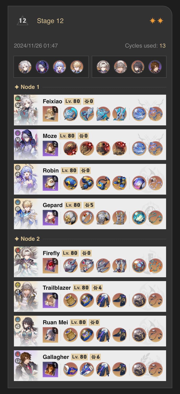 I gave up on stage 11 so I didn't try on stage 12 Honkai: Star Rail | HoYoLAB