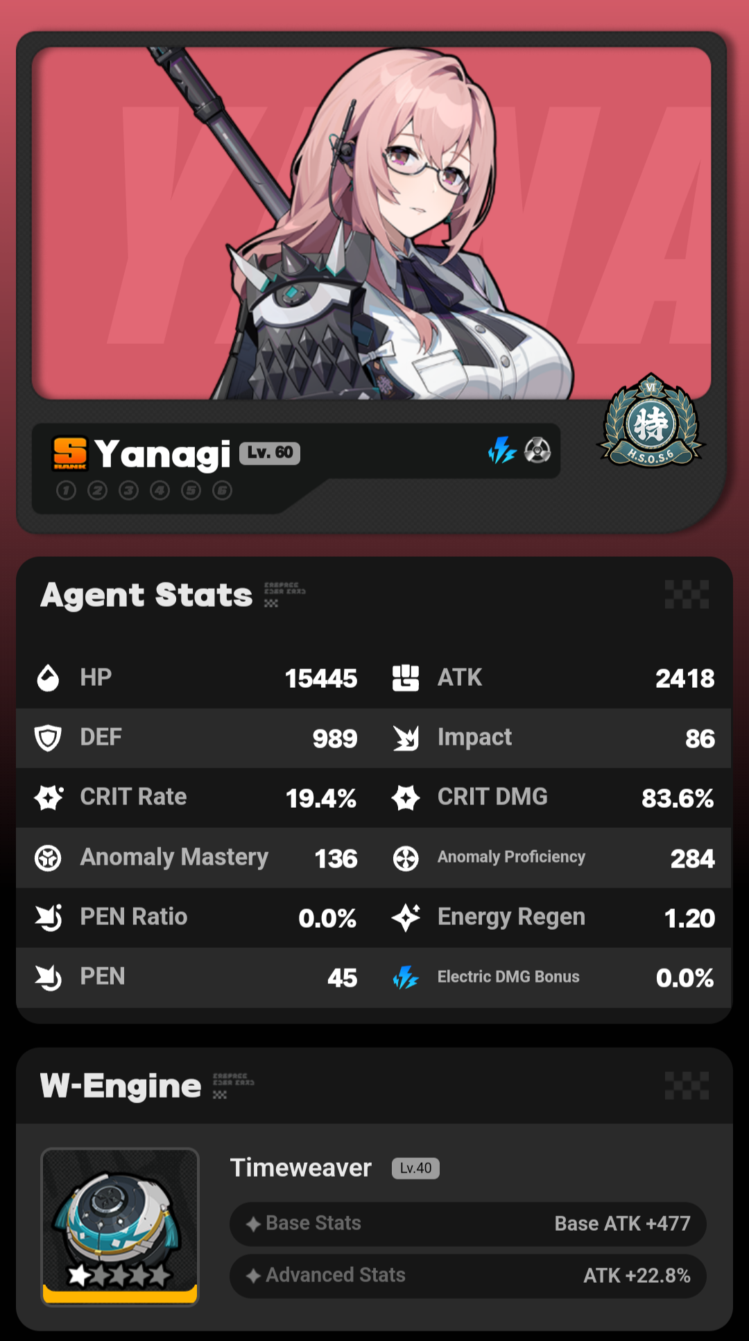 Current Stats and Equipment for Yanagi. Any recommendations on how to improve her? Zenless Zone ...