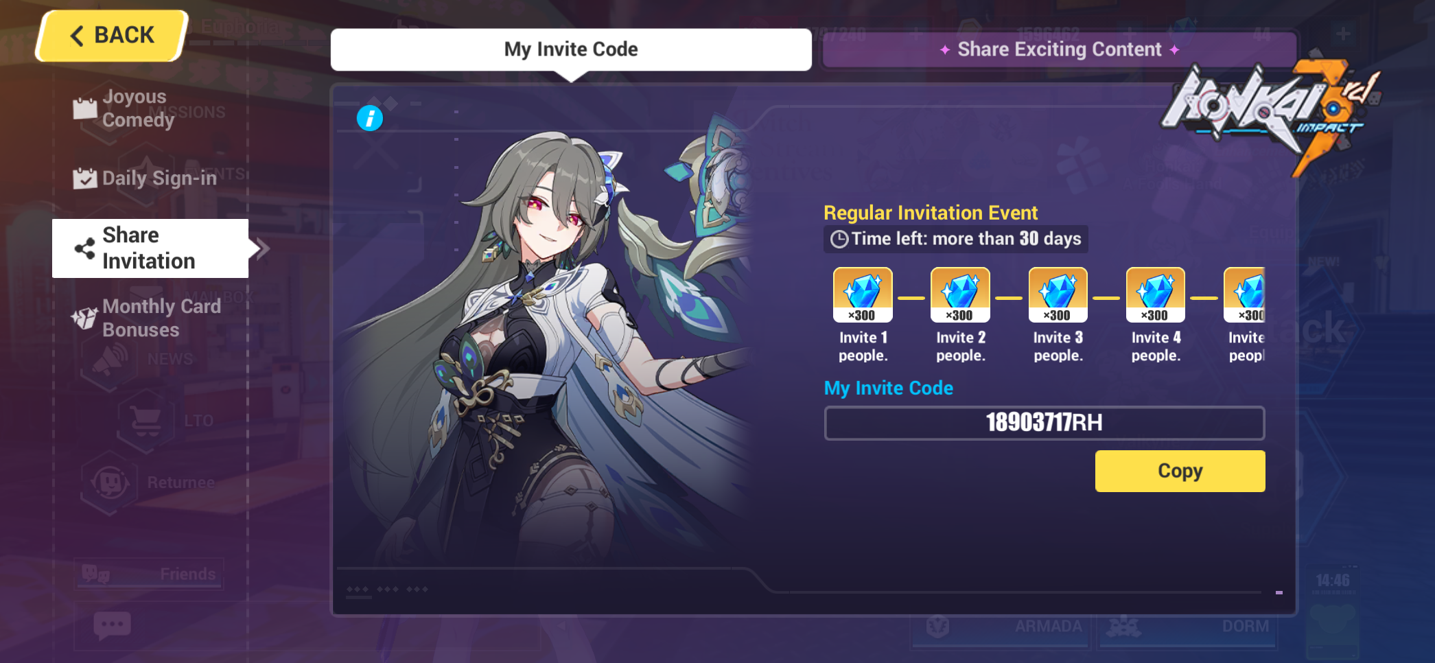 Please feel free to use my invite code Honkai Impact 3rd | HoYoLAB