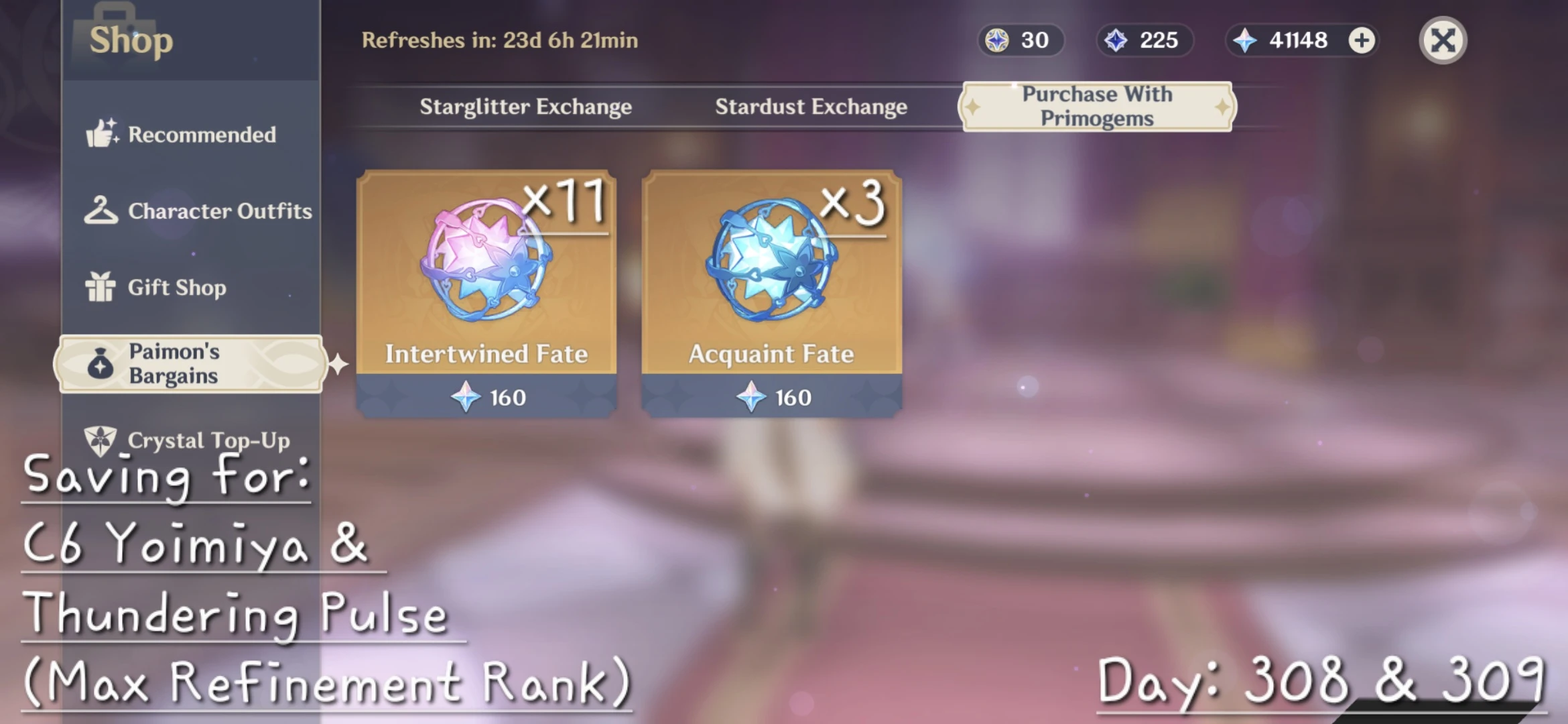 Saving for C6 Yoimiya & Thundering Pulse (Max Refinement Rank) Day: 308 ...