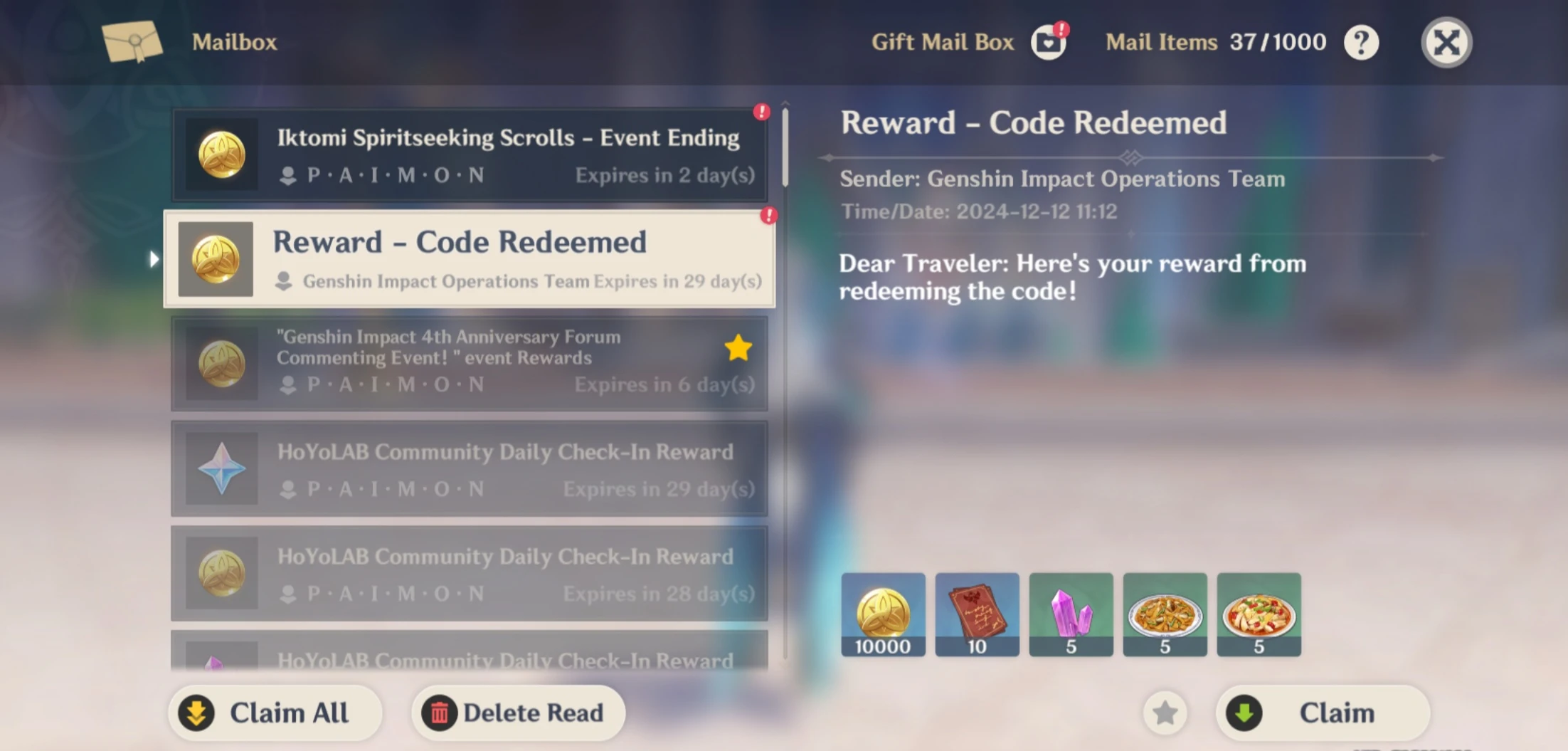 New Redeem Code Material, December 12 2024 Genshin Impact | HoYoLAB