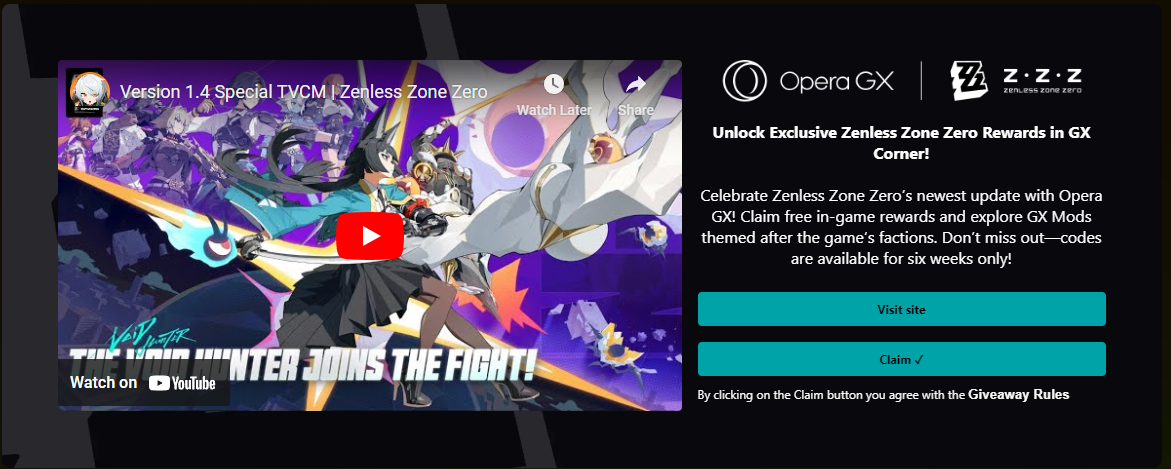 Opera GX browser has a ZZZ promotion right now Zenless Zone Zero | HoYoLAB