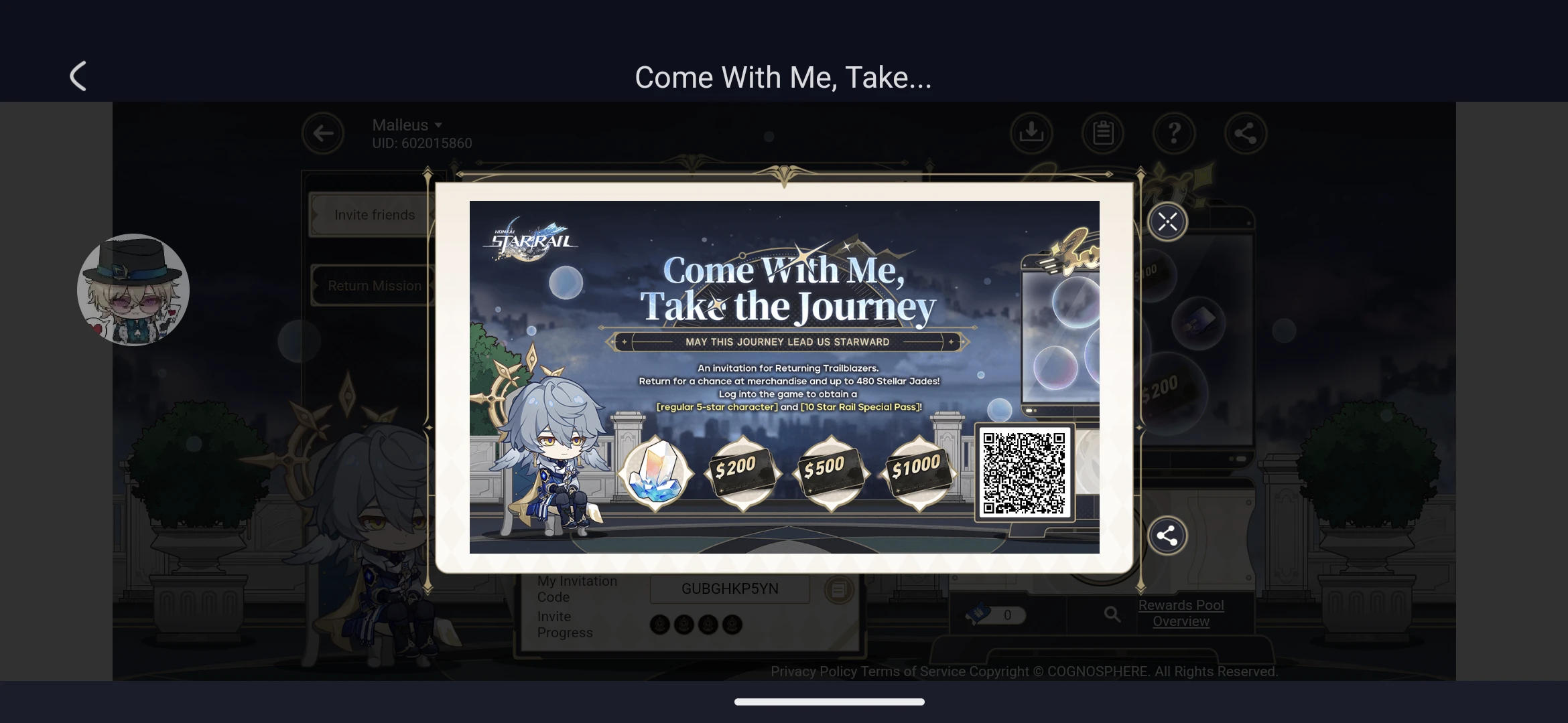 My invite code (if you wanna use it) Honkai: Star Rail | HoYoLAB