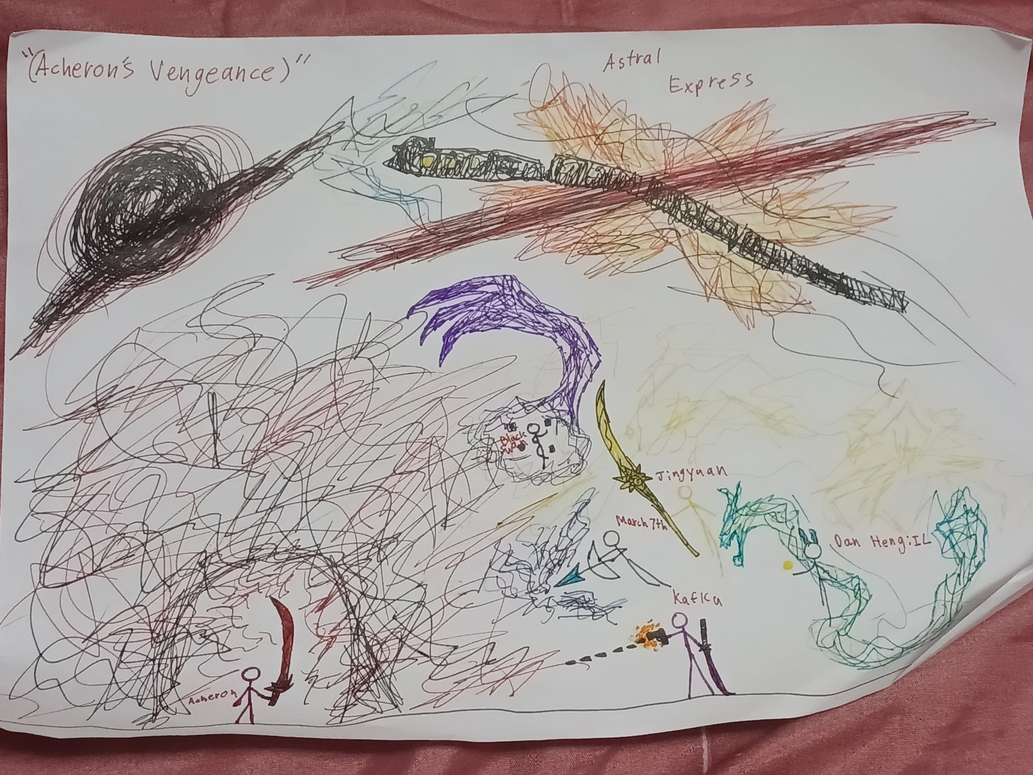 My cousin drew another hsr battle scene- she put names this time ...