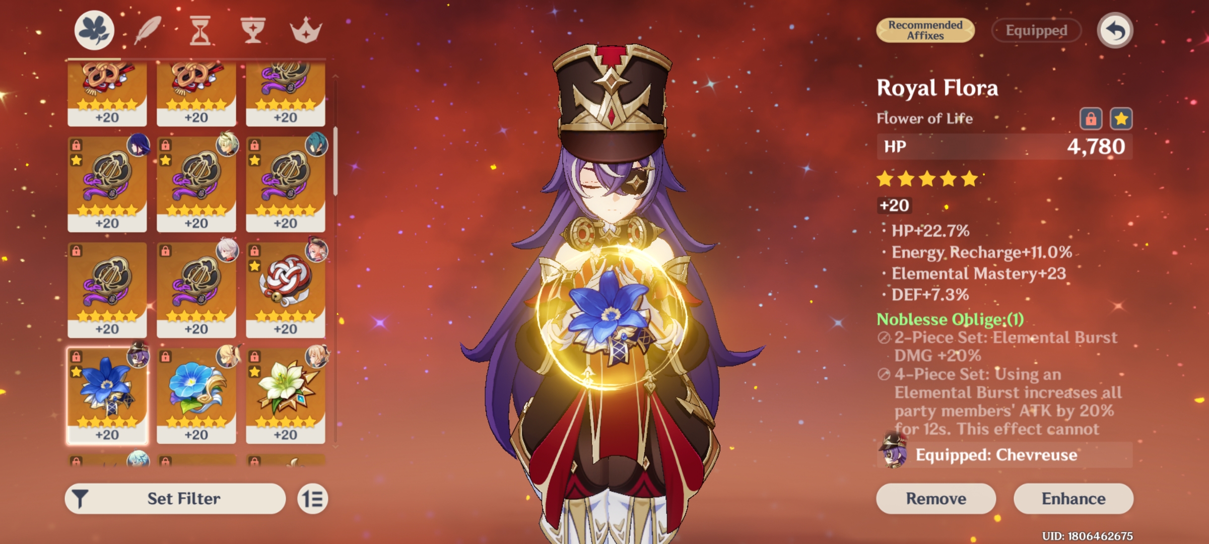 chevreuse only need hp% and energy recharge main stat and substat right ...