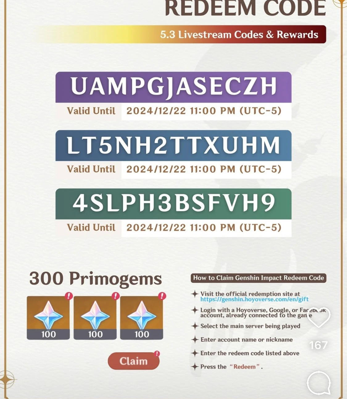 5.3 redeem codes 300x primos Genshin Impact | HoYoLAB