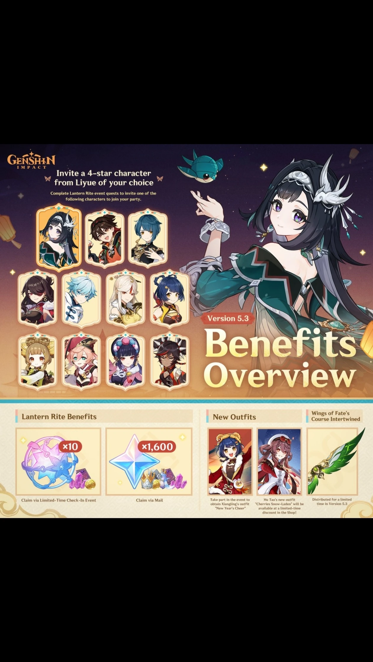 Genshin impact Version 5.3 Benefits Overview Invite a 4-star character from Liyue of your choice ...