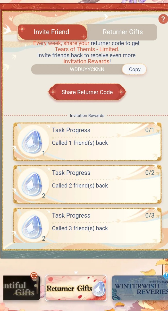 Returner Code: WDDUYYCKNN Tears of Themis | HoYoLAB