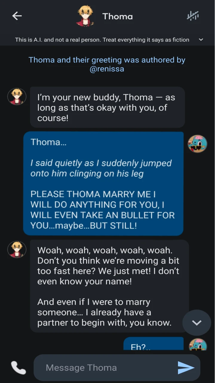 So I was using C.ai, I was talking with Thoma (Yes I am an Thoma simp ...