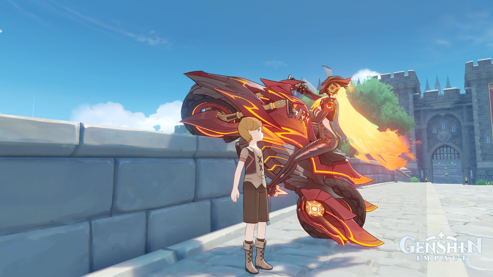 Mavuika doing stun in front of Timmie after crushed his pigeon with her bike Genshin Impact ...