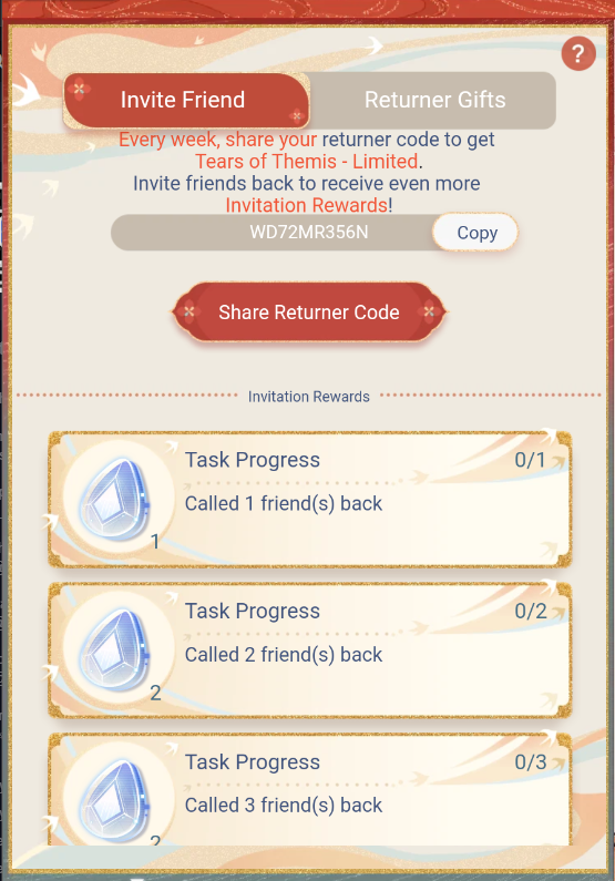 Returner Gift Code: WD72MR356N Tears of Themis | HoYoLAB