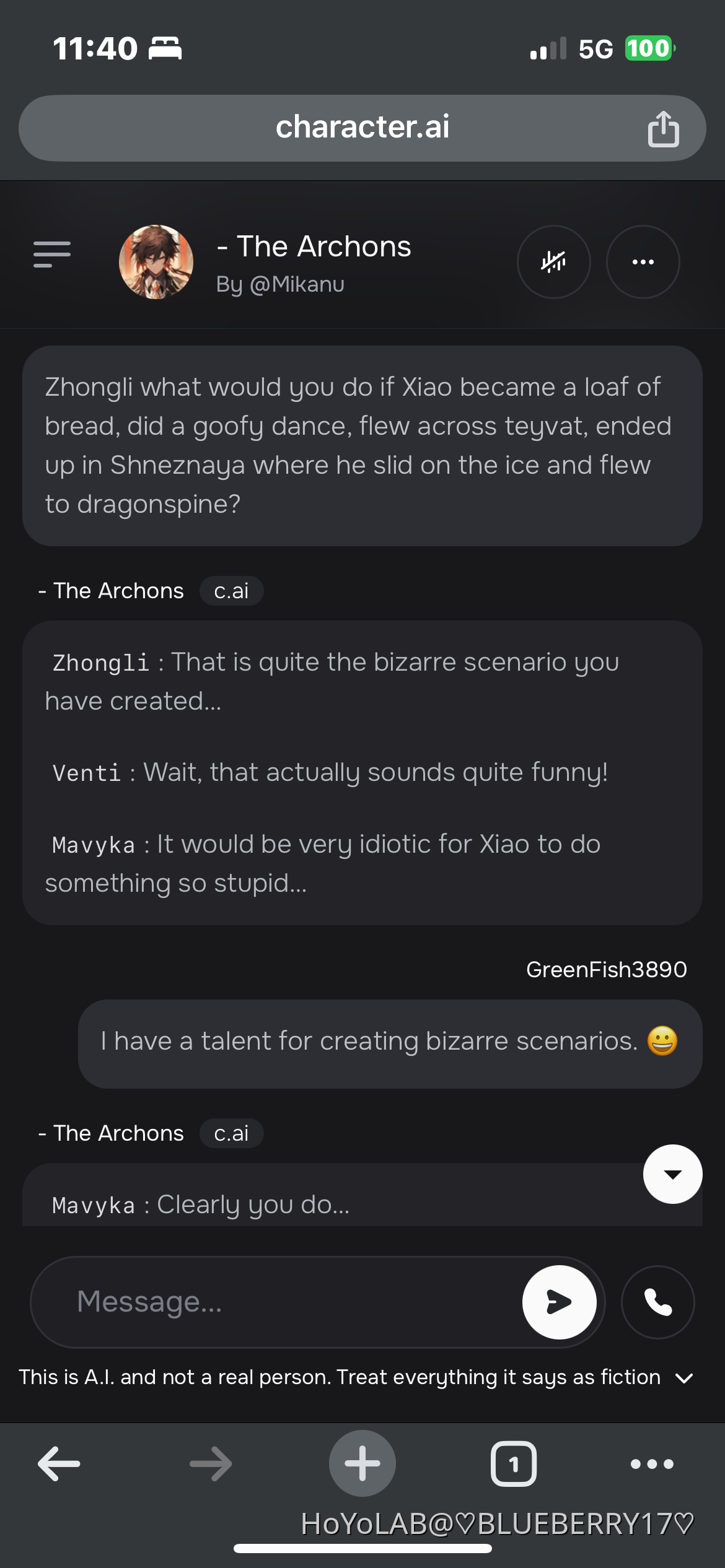 Just causing some shenanigans on C.ai with the archons Genshin Impact ...