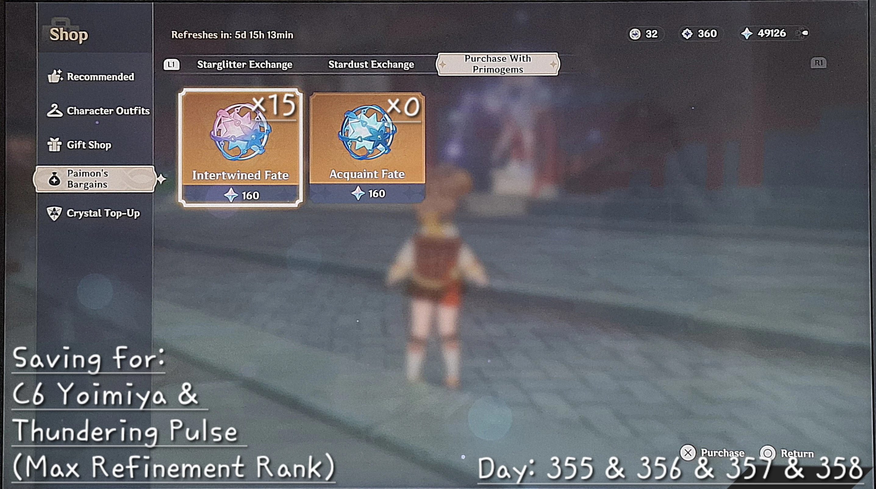 Saving for C6 Yoimiya & Thundering Pulse (Max Refinement Rank) Day: 355 & 356 & 357 & 358 ...