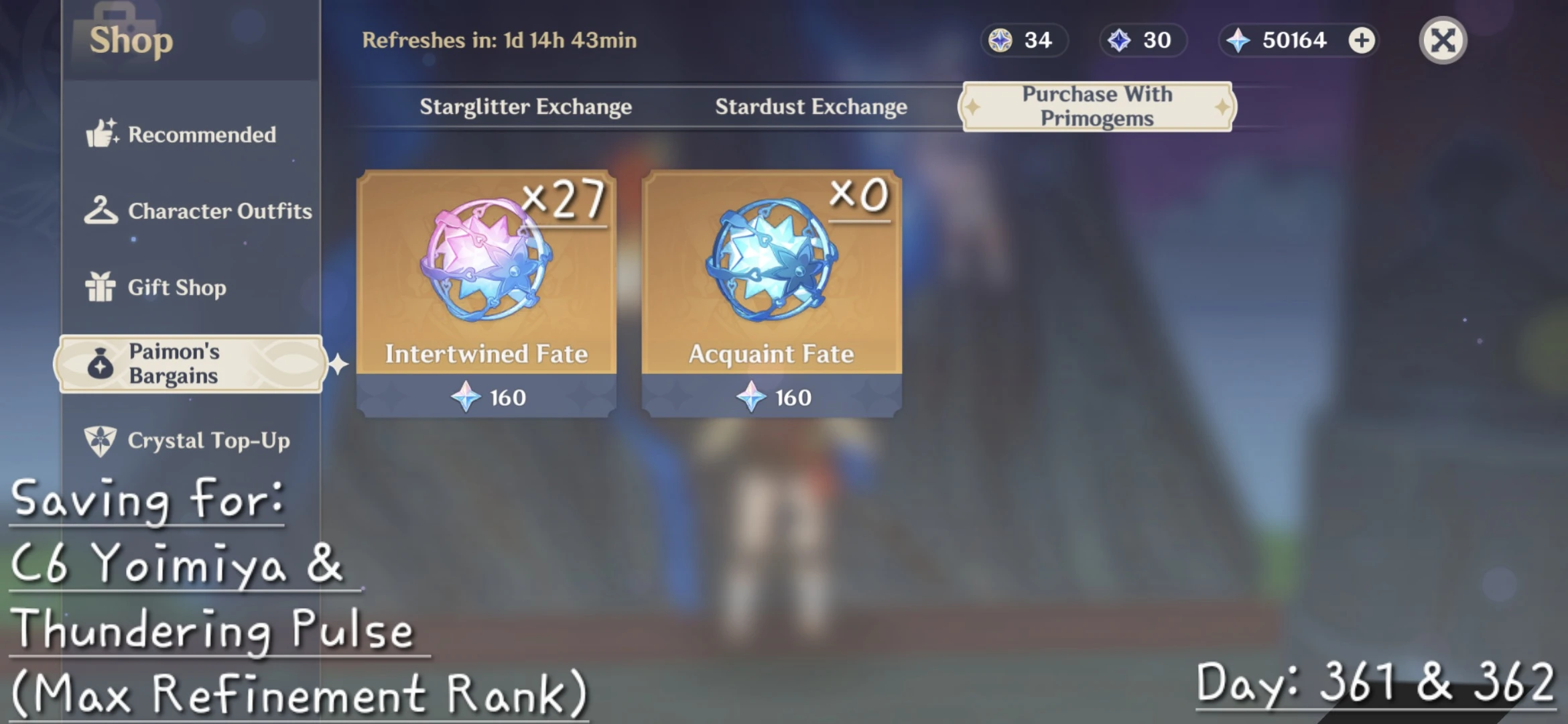 Saving for C6 Yoimiya & Thundering Pulse (Max Refinement Rank) Day: 361 ...
