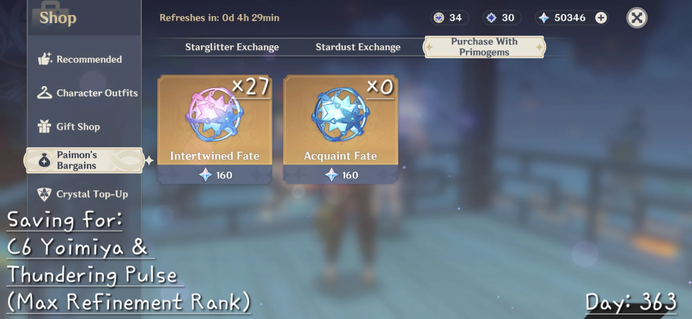 Saving for C6 Yoimiya & Thundering Pulse (Max Refinement Rank) Day: 363 ...