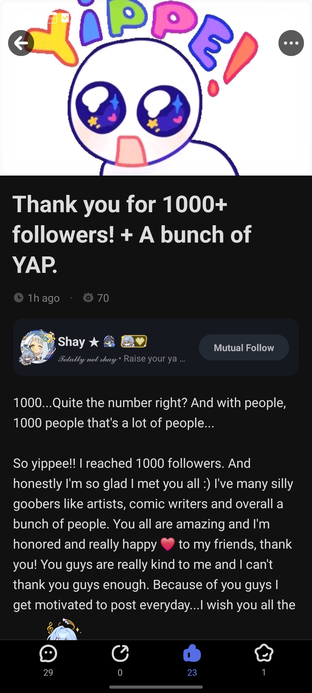 WHAT SINCE WHEN DID U HIT 1000 FOLLOWERS I STILL REMMEBER WHEN U HAD LIKE 400😵‍💫😵‍💫😵‍💫 CONGRATS ...