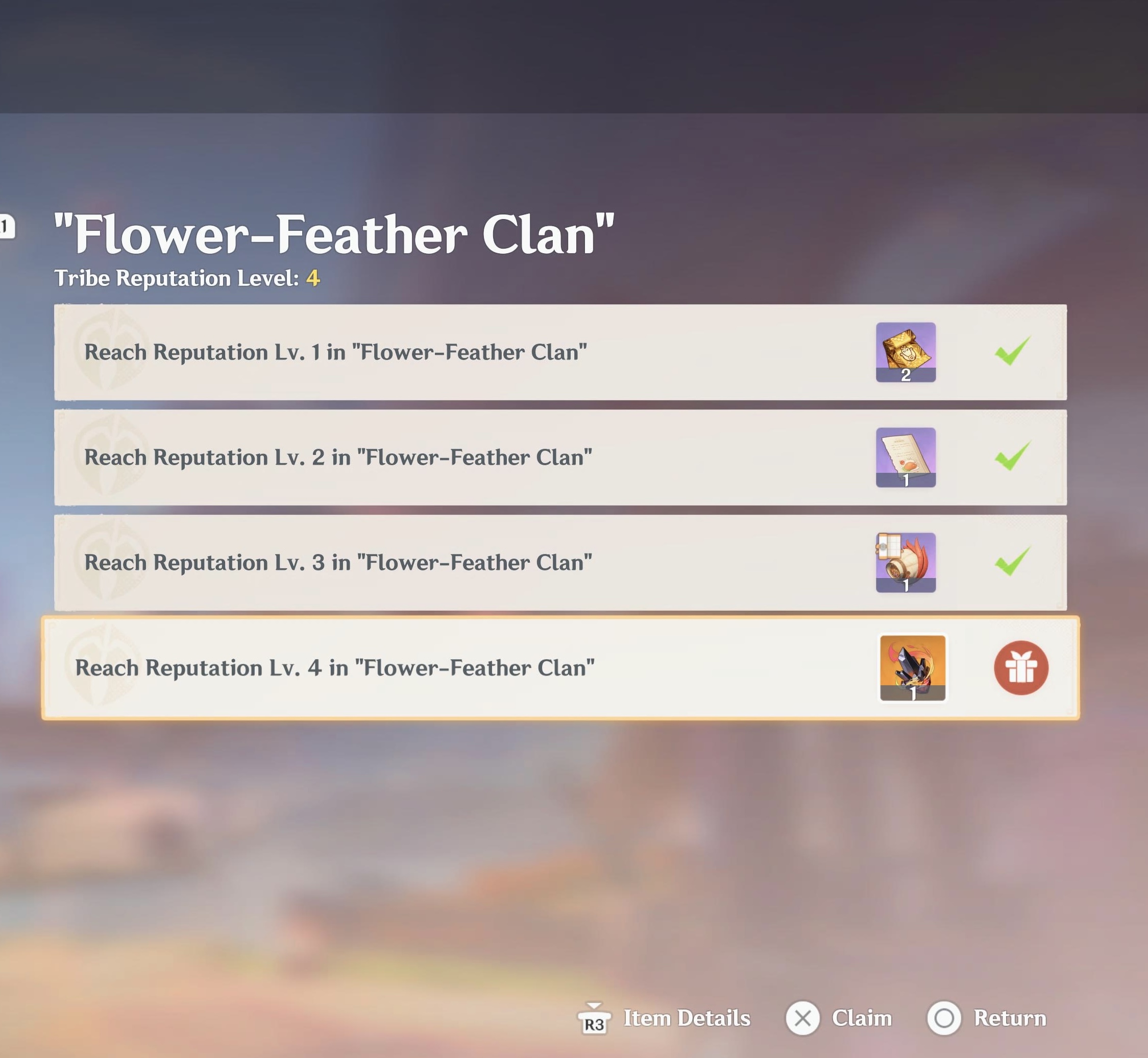 Flower-Feather Clan Reputation level 4 Genshin Impact | HoYoLAB