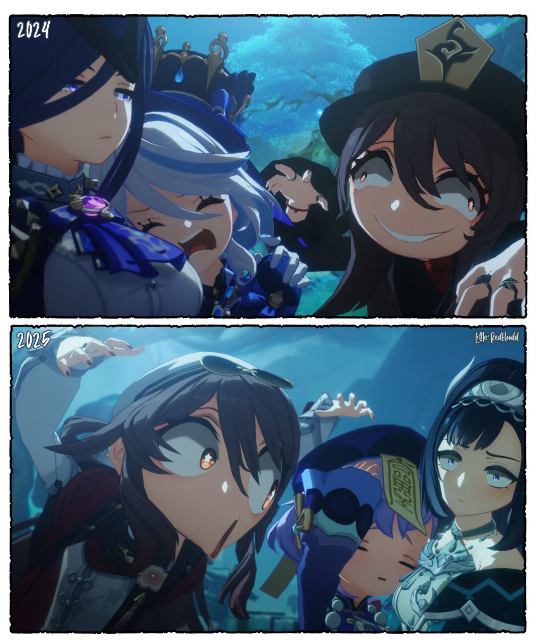 Furina and Qiqi to Hu Tao (Artist: LittleRedHoodd) Genshin Impact | HoYoLAB