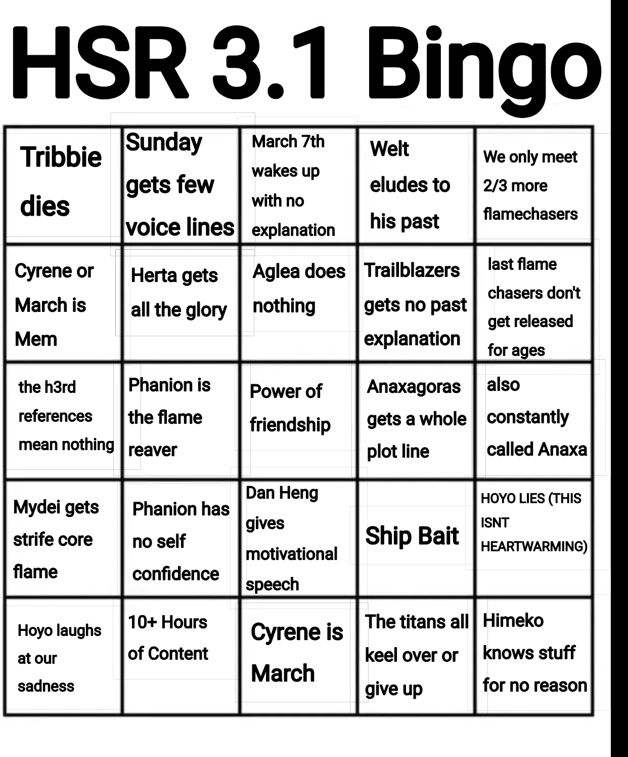 HSR 3.1 Update Bingo Honkai: Star Rail | HoYoLAB