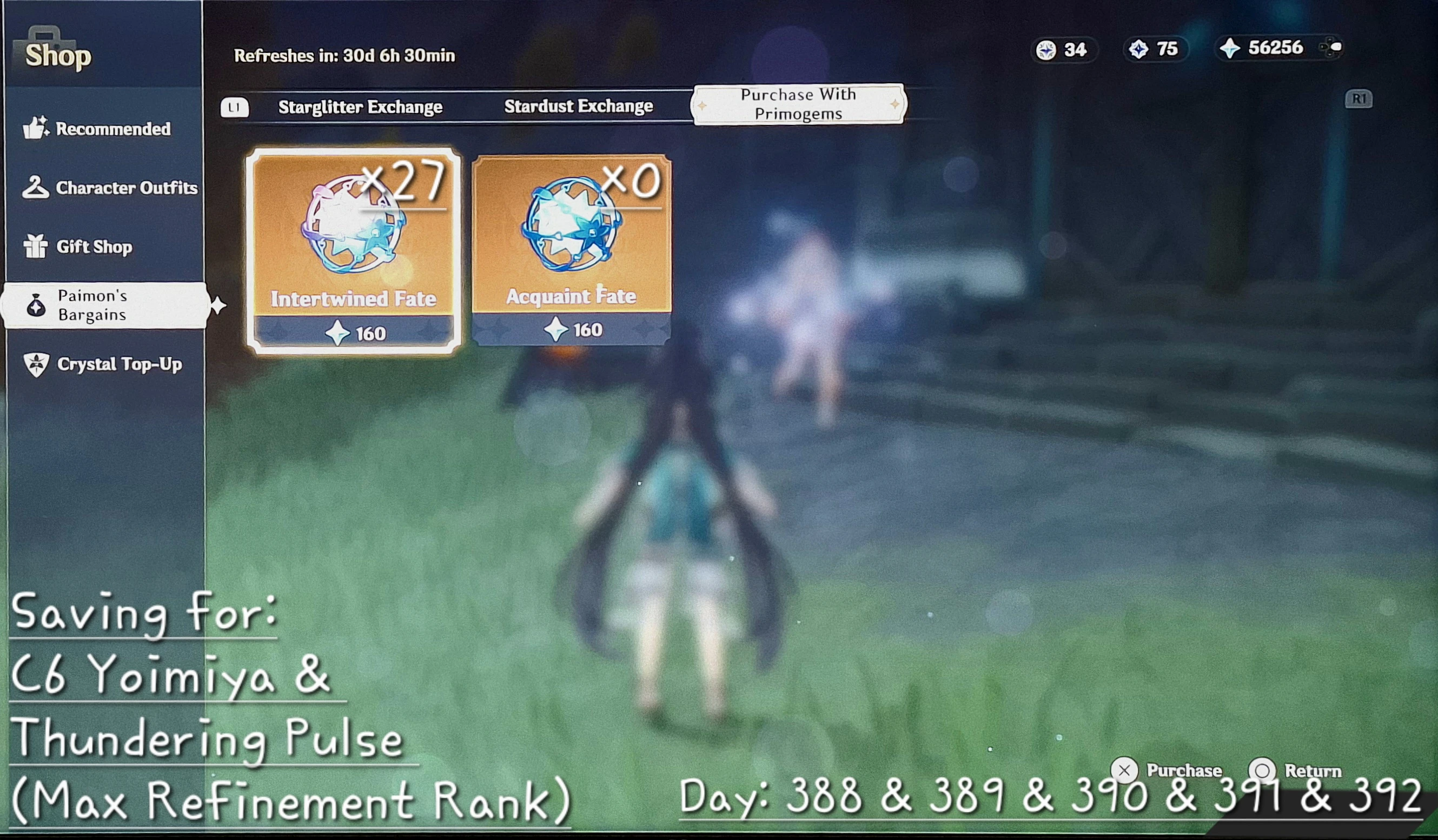 Saving for C6 Yoimiya & Thundering Pulse (Max Refinement Rank) Day: 388 & 389 & 390 & 391 & 392 ...