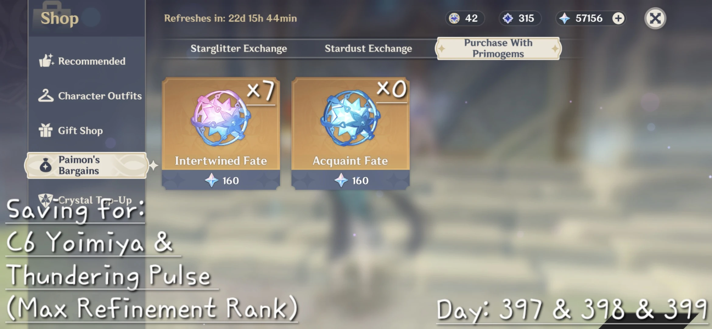 Saving for C6 Yoimiya & Thundering Pulse (Max Refinement Rank) Day: 397 ...