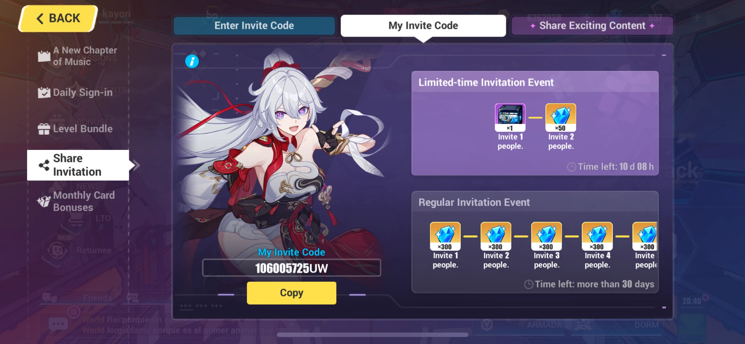 106005725UW My Invite Code for Share Invitation Event HI3 (NA SERVER) Honkai Impact 3rd | HoYoLAB