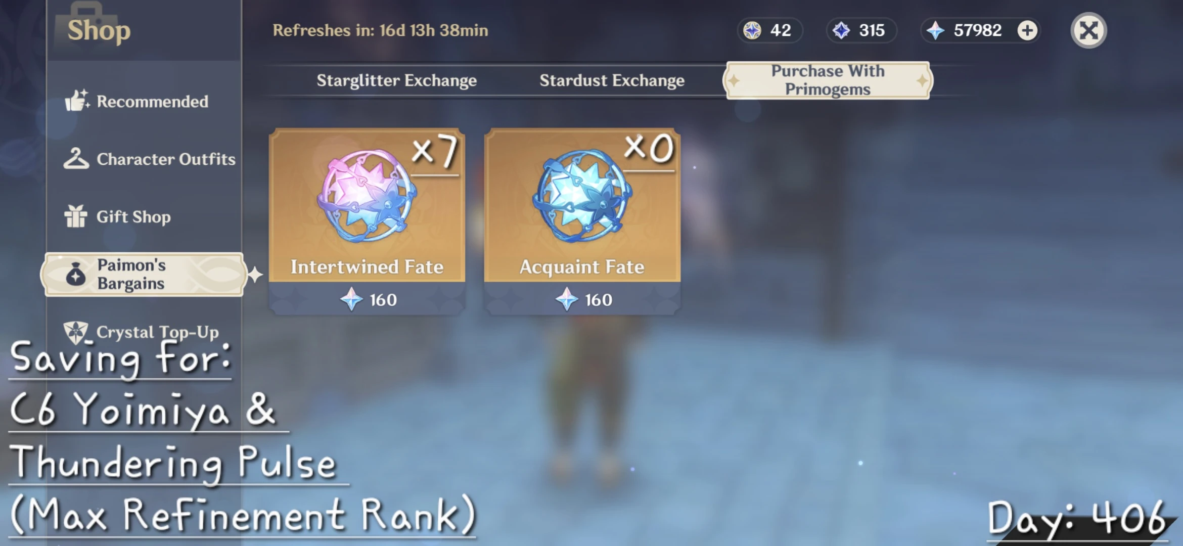 Saving for C6 Yoimiya & Thundering Pulse (Max Refinement Rank) Day: 406 & 407 Genshin Impact ...