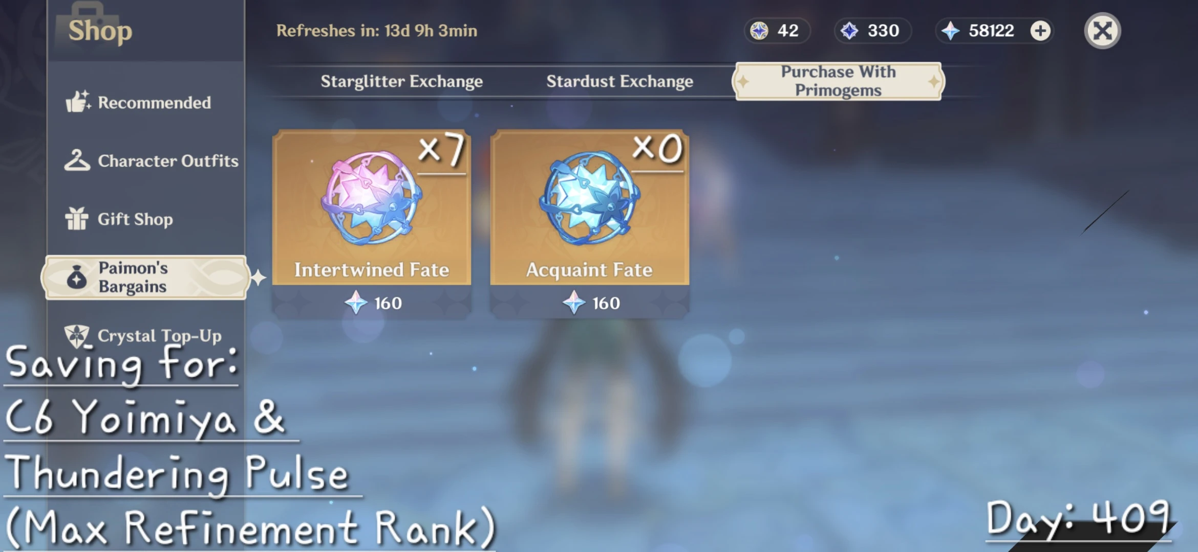 Saving for C6 Yoimiya & Thundering Pulse (Max Refinement Rank) Day: 409 ...