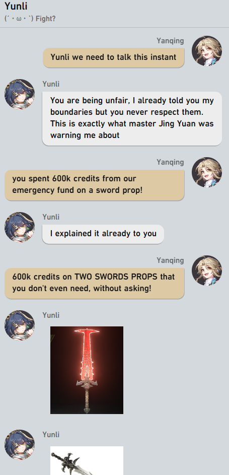 AIO, my girlfriend spend 600 thousand credits on two sword props ...