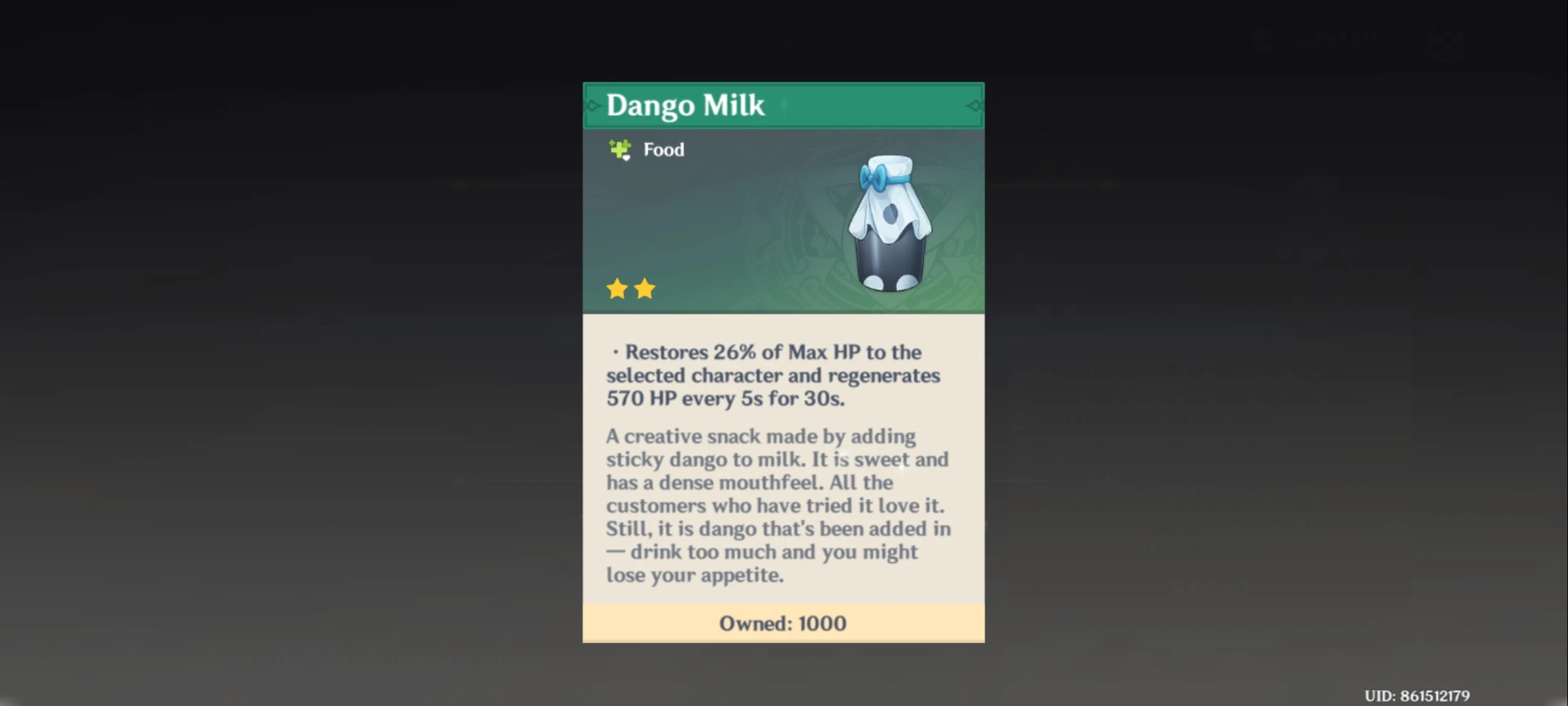 1k dango milk... definitely not spoiling in my inventory Genshin Impact ...