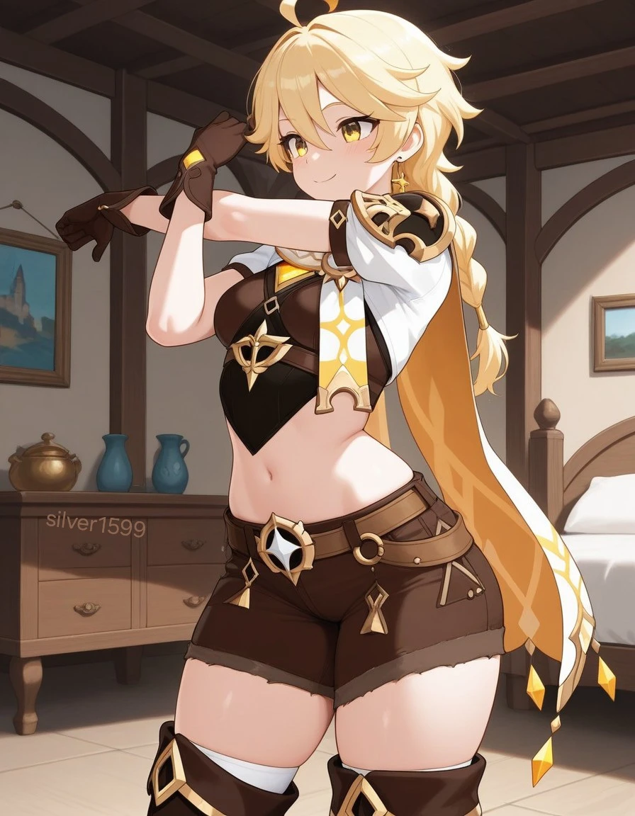 female aether morning stretch before she collect the daily primogems ...